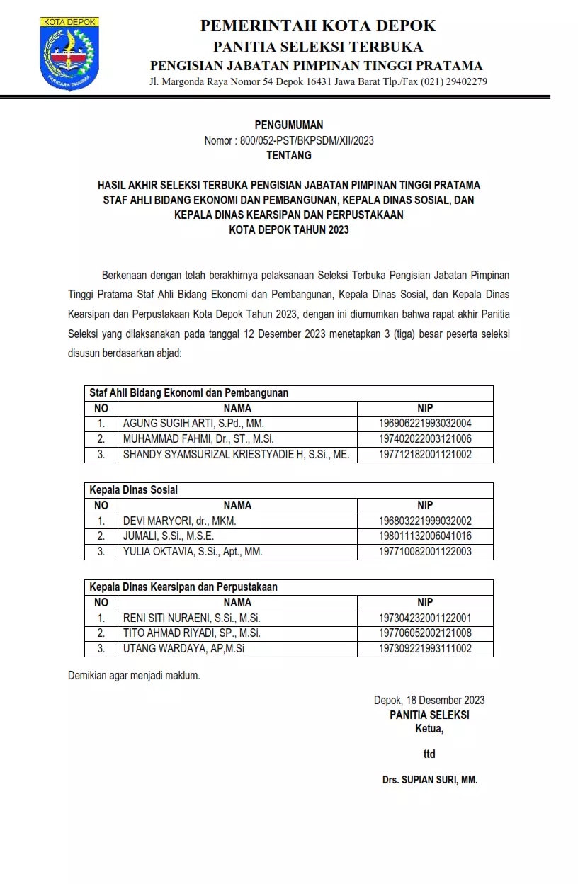 Portal Berita Resmi Pemerintah Kota Depok - Ini Dia Nama-Nama Calon Staf Ahli Wali Kota ...